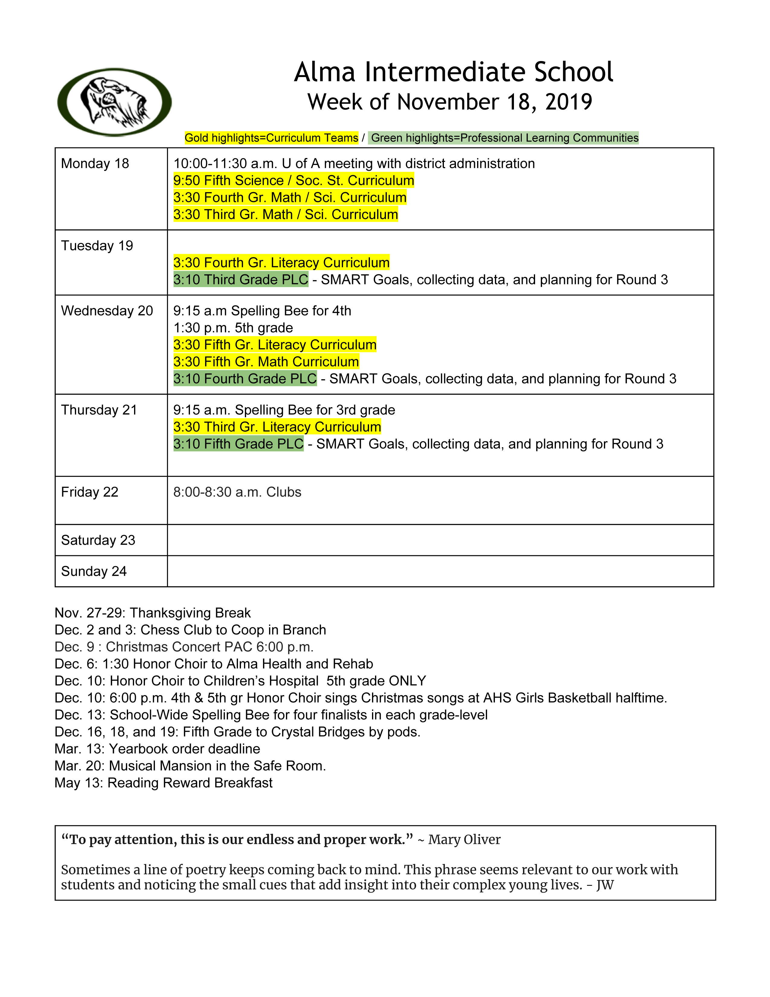 Alma Intermediate School Weekly Calendar November 18-22, 2019 ...