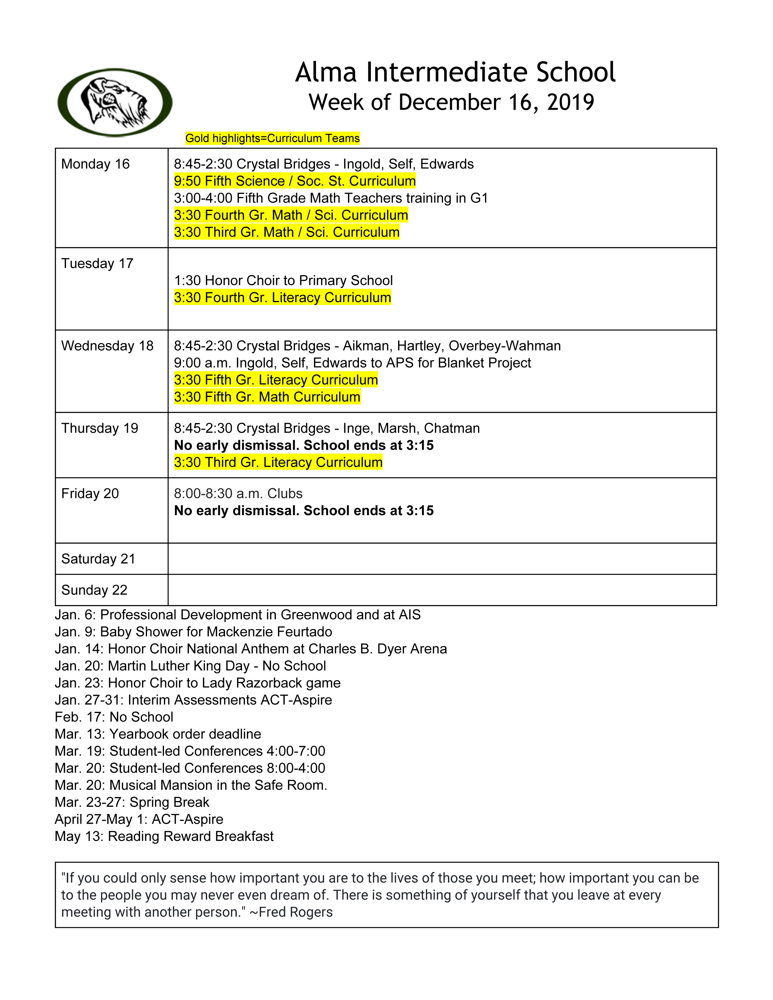Alma Intermediate School Calendar for the week of December 16-20, 2019 ...